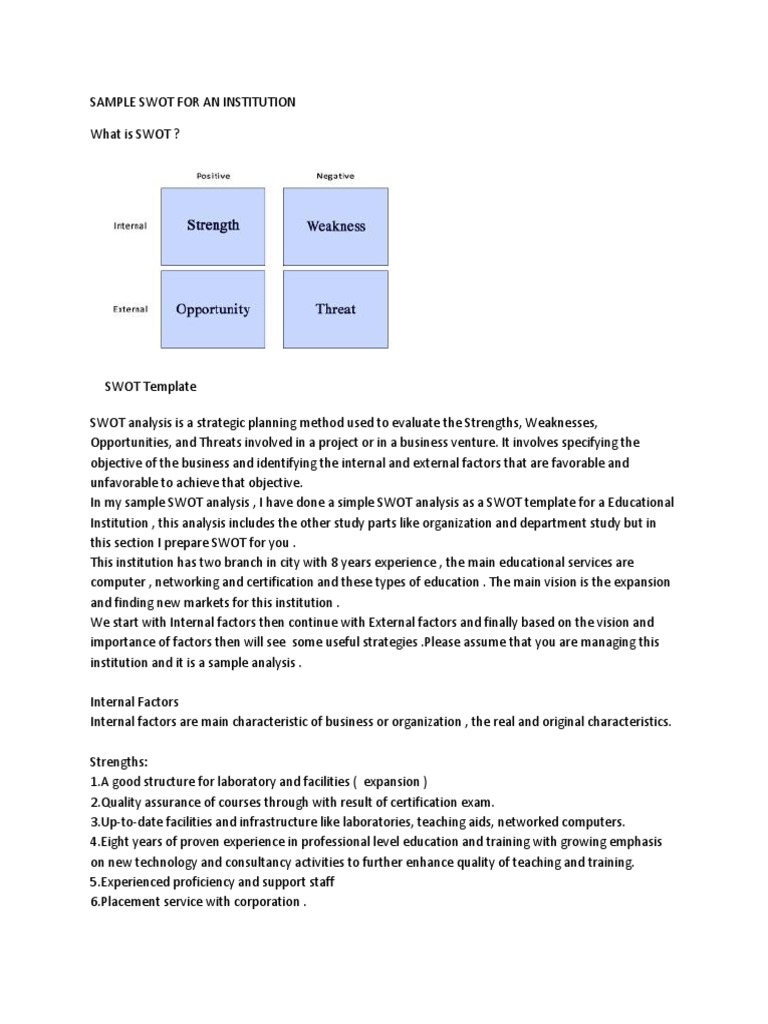 SWOT Analysis for Educational Institutions | PDF