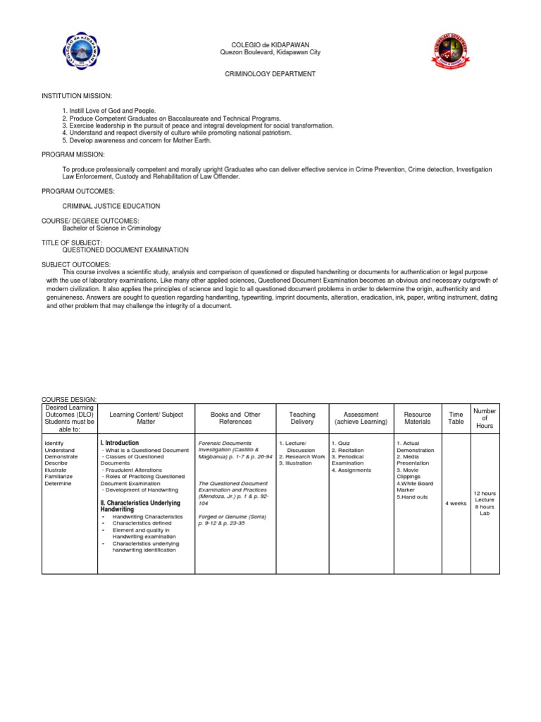 COLEGIO de KIDAPAWAN Questioned Document Examination Course | PDF | Forgery | Forensic Science