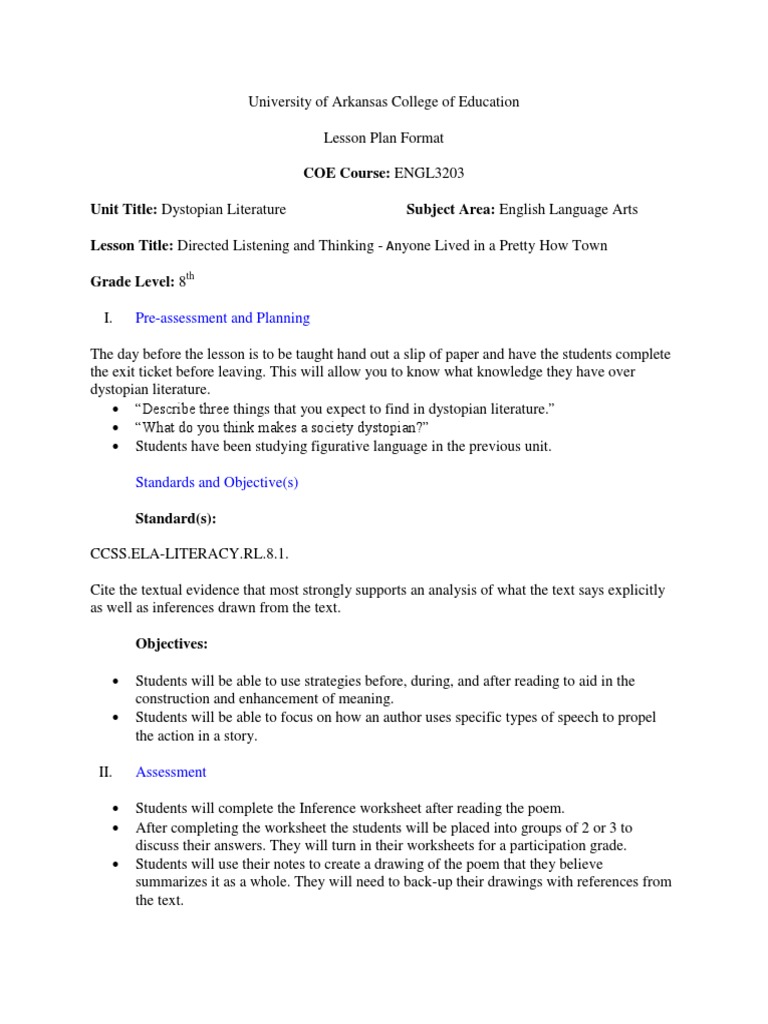 Victoria King Dystopian Unit Lesson 3 Directed Listening and Thinking ...