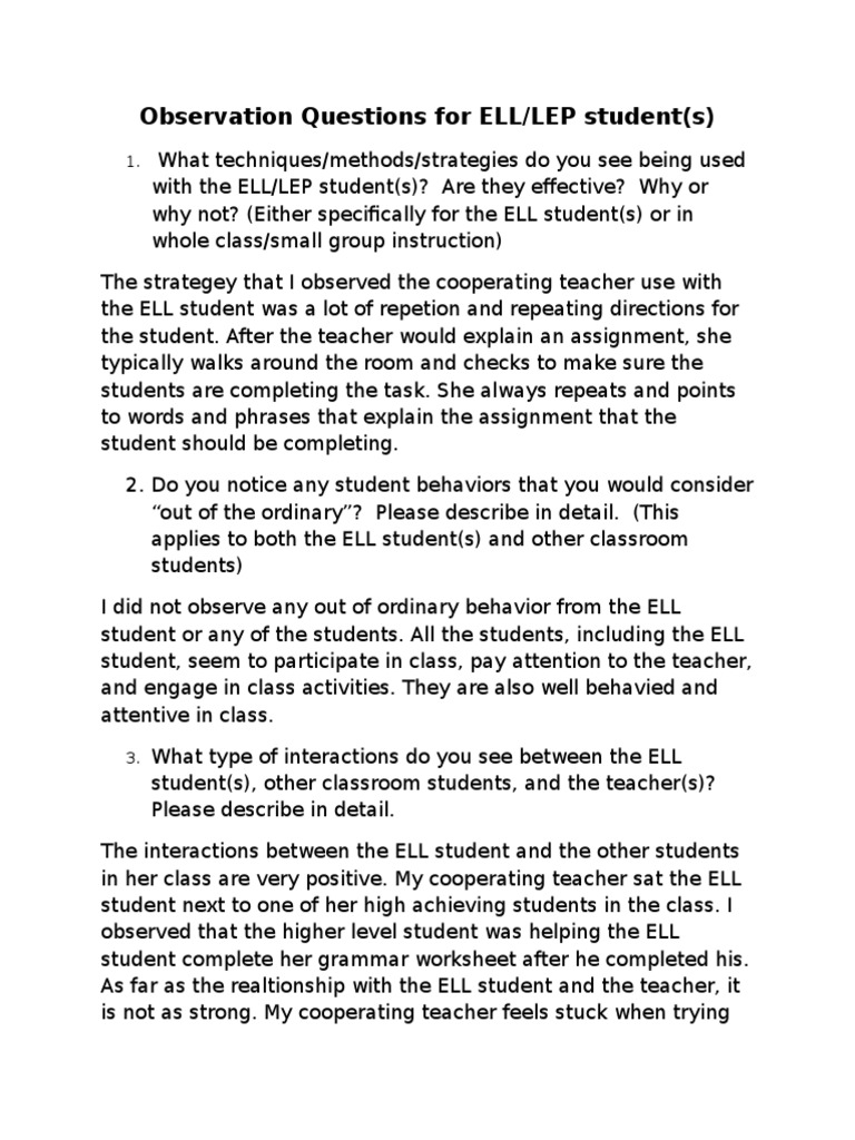 Ell - Observation Checklist | PDF | Classroom | English As A Second Or ...