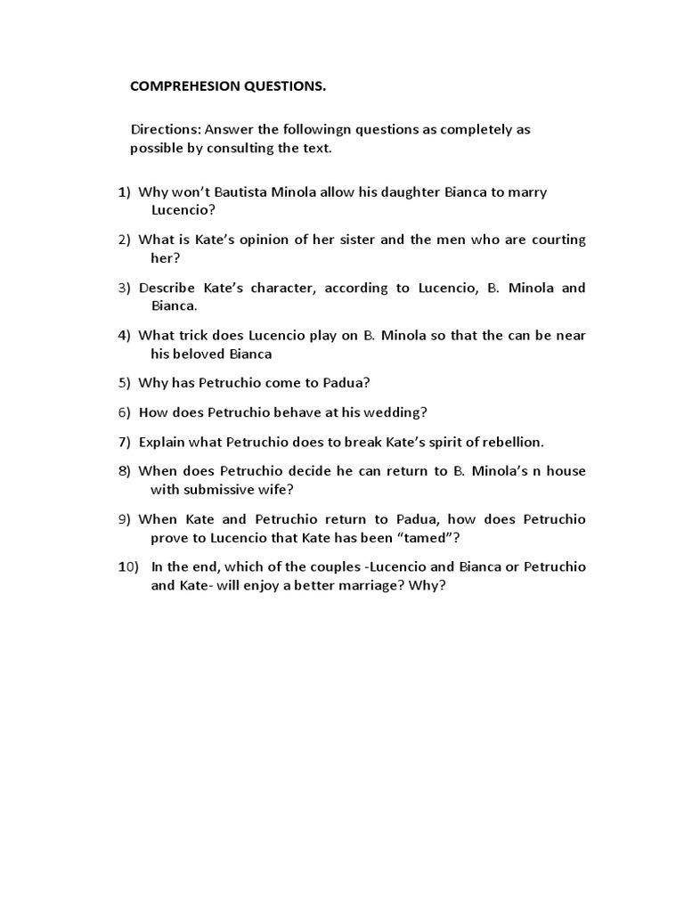 Taming of the Shrew Comprehension Questions | PDF