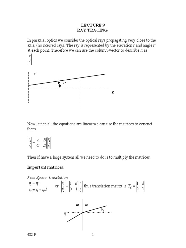 Lecture 9 Ray Tracing | PDF | Matrix (Mathematics) | Optics