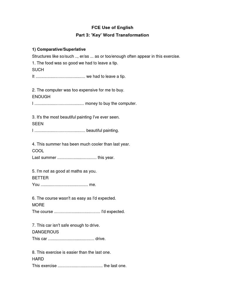 FCE Use of English - Transformations | PDF | Verb | Noun