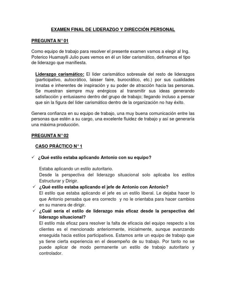 Examen Final de Liderazgo y Dirección Personal | Liderazgo | Liderazgo ... Examen Final de Liderazgo y Dirección Personal | Liderazgo | Liderazgo ...