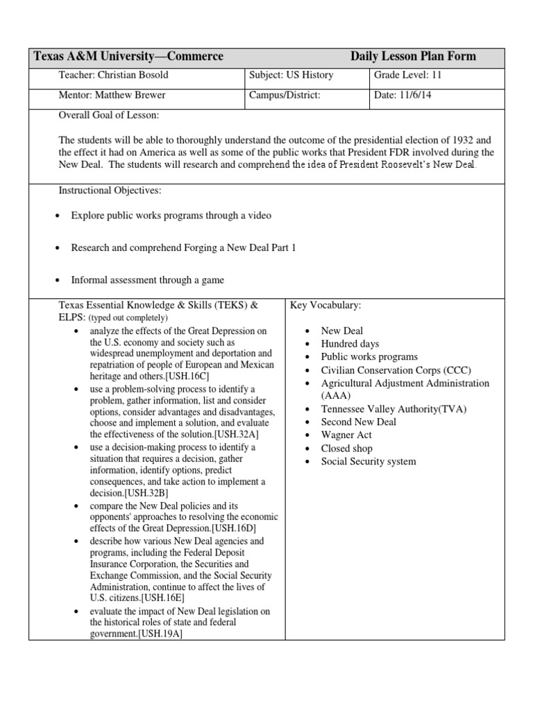 Student Teaching Lesson Plan 3 | PDF | New Deal | Franklin D. Roosevelt