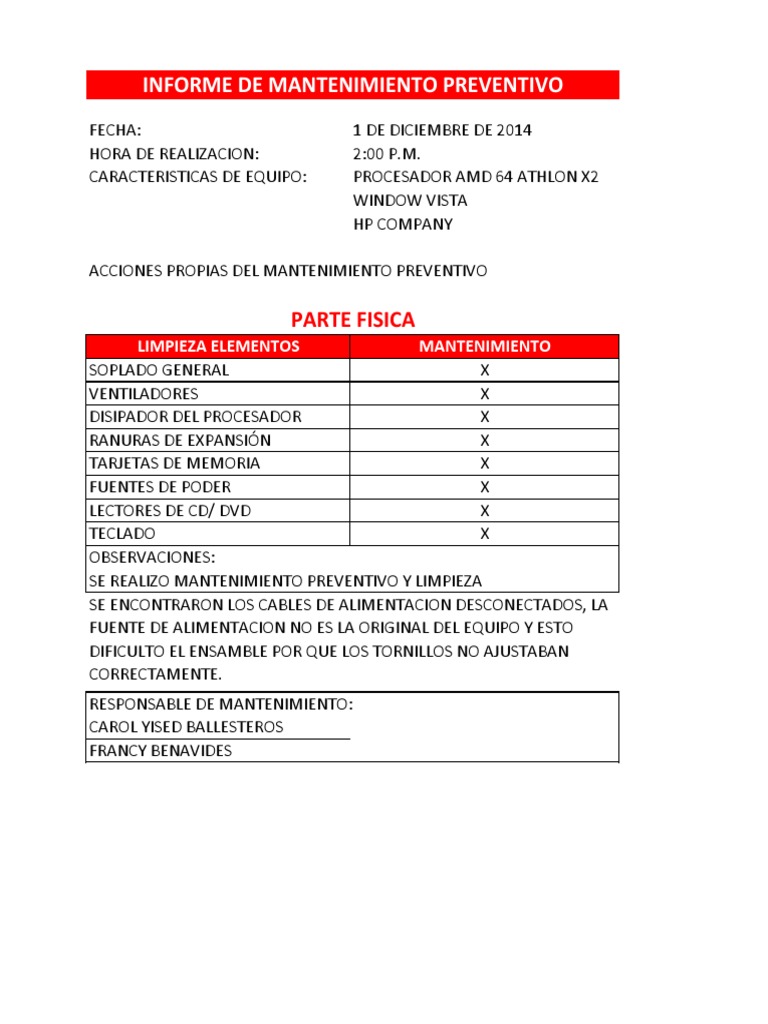 Informe De Mantenimiento Pdf