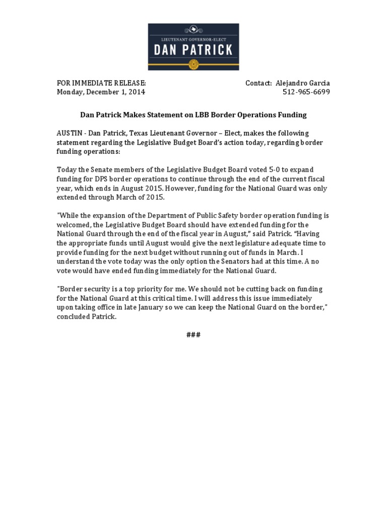 PR 14 12 01 LBB Border Funding | PDF | Social Science | Law