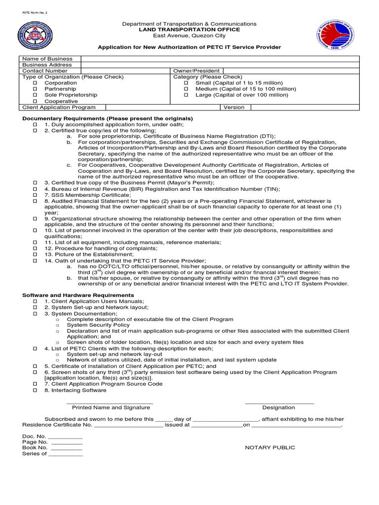 Application For New Authorization of PETC IT Service Provider | PDF ...