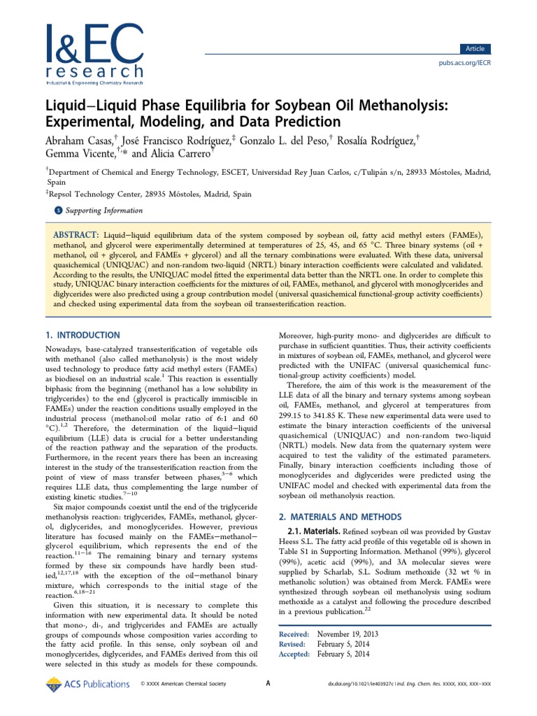 Liquid-Liquid Phase Equilibria For Soybean Oil Methanolysis | PDF ...