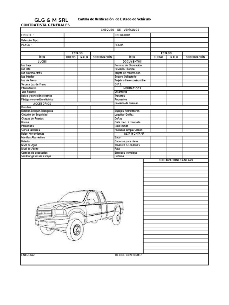 Check List Vehiculo Camioneta