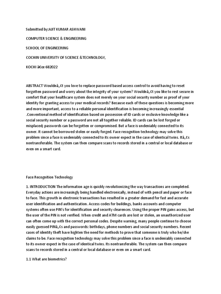 Face Recognition Technology Seminar Report | PDF | Biometrics ...