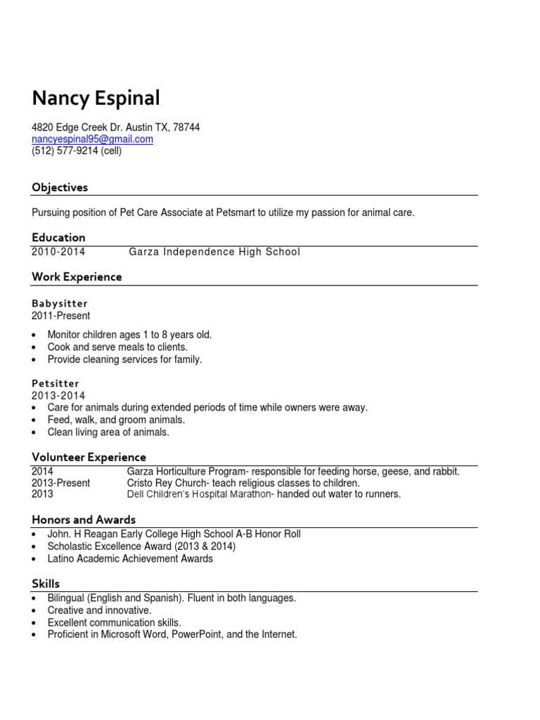 Nancy Espinal: Pet Care Associate Resume | PDF | Wellness