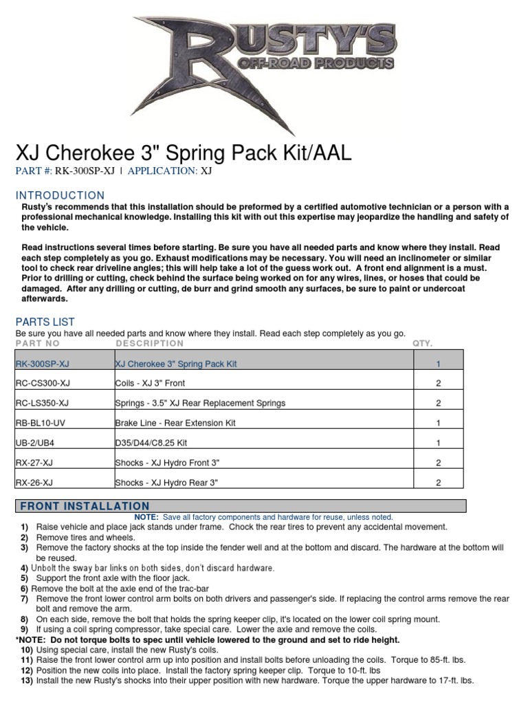 Rustys 3inch Lift Kit Installation RK-300SP-XJ | PDF | Axle | Off Roading