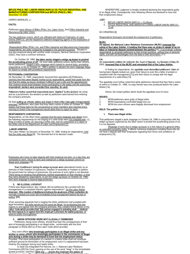 Illegal Strike Case: Biflex vs. Filflex | PDF | Strike Action | Lockout ...