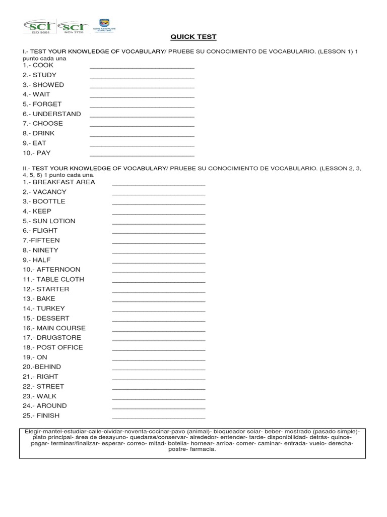 Prueba Ingles Vocabulario Parte 2 | PDF