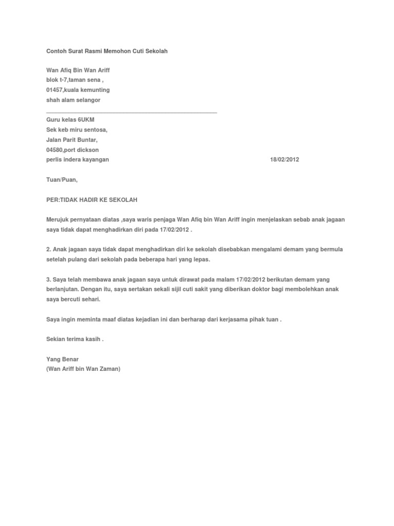 Contoh Surat Rasmi Memohon Cuti Sekolah | PDF
