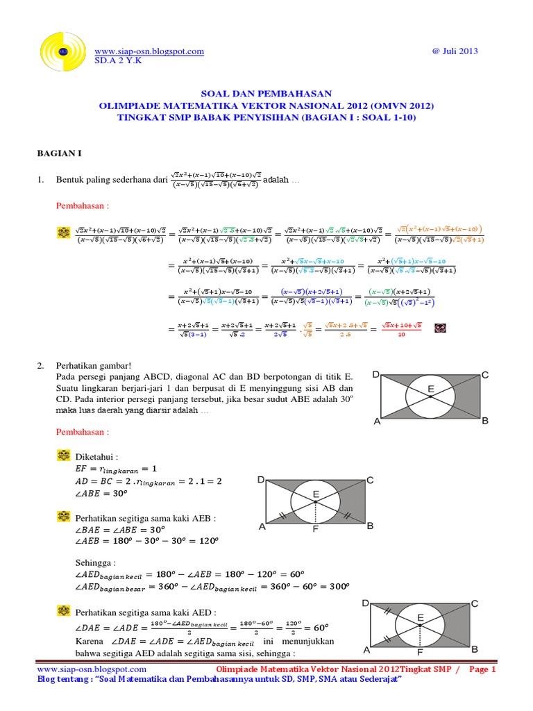 Soal Dan Pembahasan Olimpiade Matematika Vektor Nasional 2012 Tingkat SMP Babak Penyisihan ...