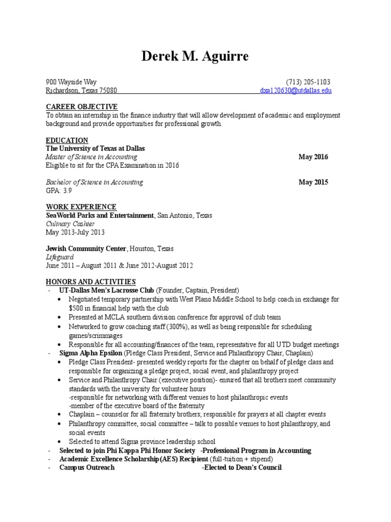 Finance Internship Resume of Derek Aguirre | PDF | Career & Growth