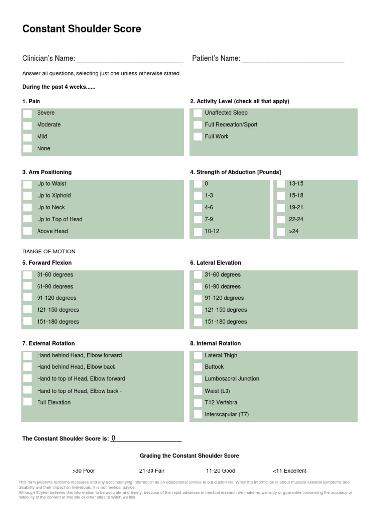 Constant Shoulder Score Assessment Form | PDF