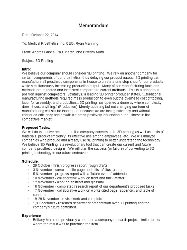 Proposal Memo Completed | PDF | 3 D Printing | Printing