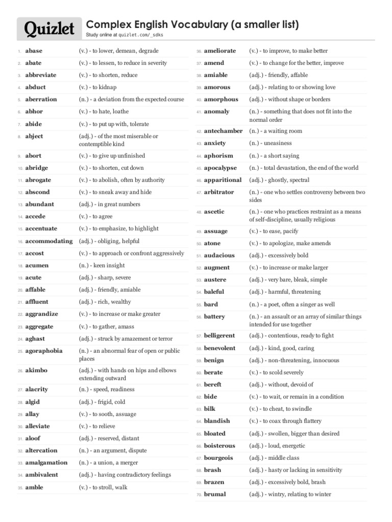 Complex English Vocabulary (A Smaller List) : Study Online at | PDF