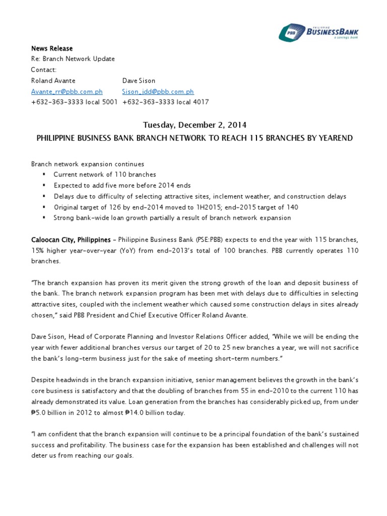PBB: Branch Network Update | PDF | Banks | Financial Services