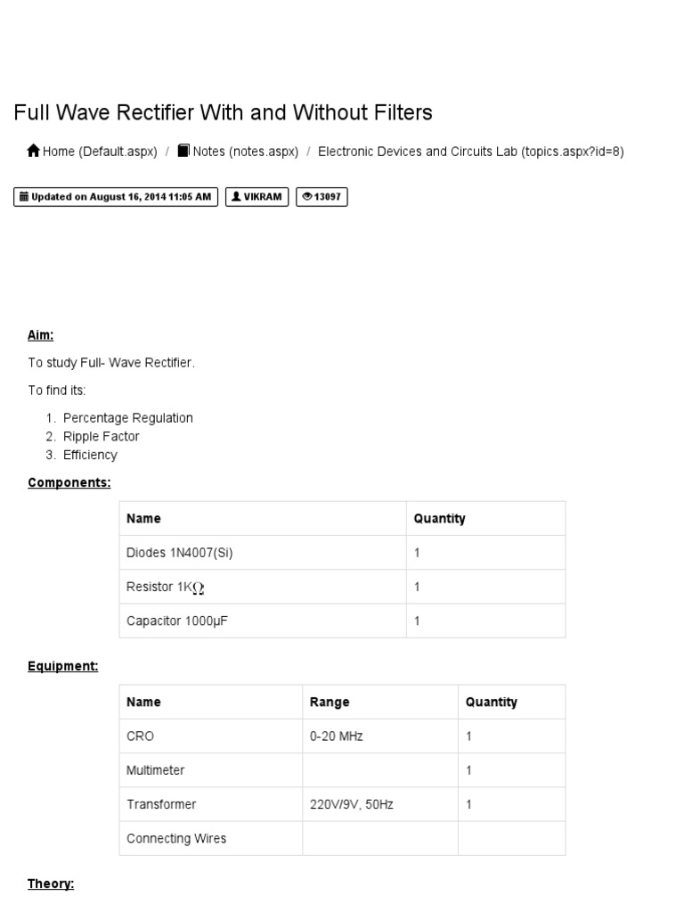 Electronic Devices and Circuits Lab - Full Wave Rectifier With and ...