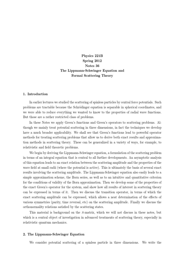 36 - The Lippmann-Schwinger Equation PDF | PDF | Green's Function ...