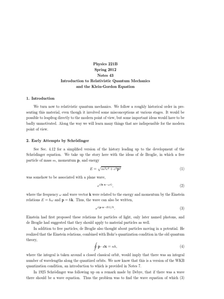 Klein-Gordon Equation in Quantum Mechanics | PDF | Special Relativity ...