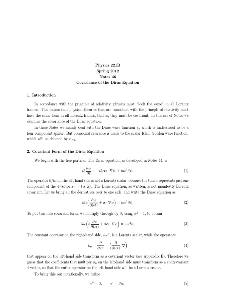 46 - Covariance of The Dirac Equation (Incomplete) | PDF | Wave Function | Spin (Physics)