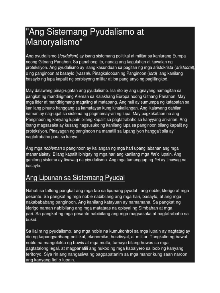 Ang Sistemang Pyudalismo at Manoryalismo | PDF