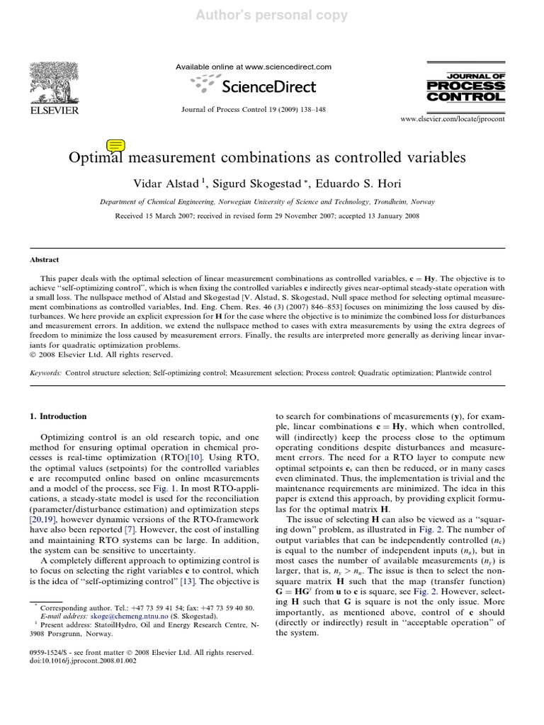 Optimal Measurement Combinations As Controlled Variables: Vidar Alstad ...