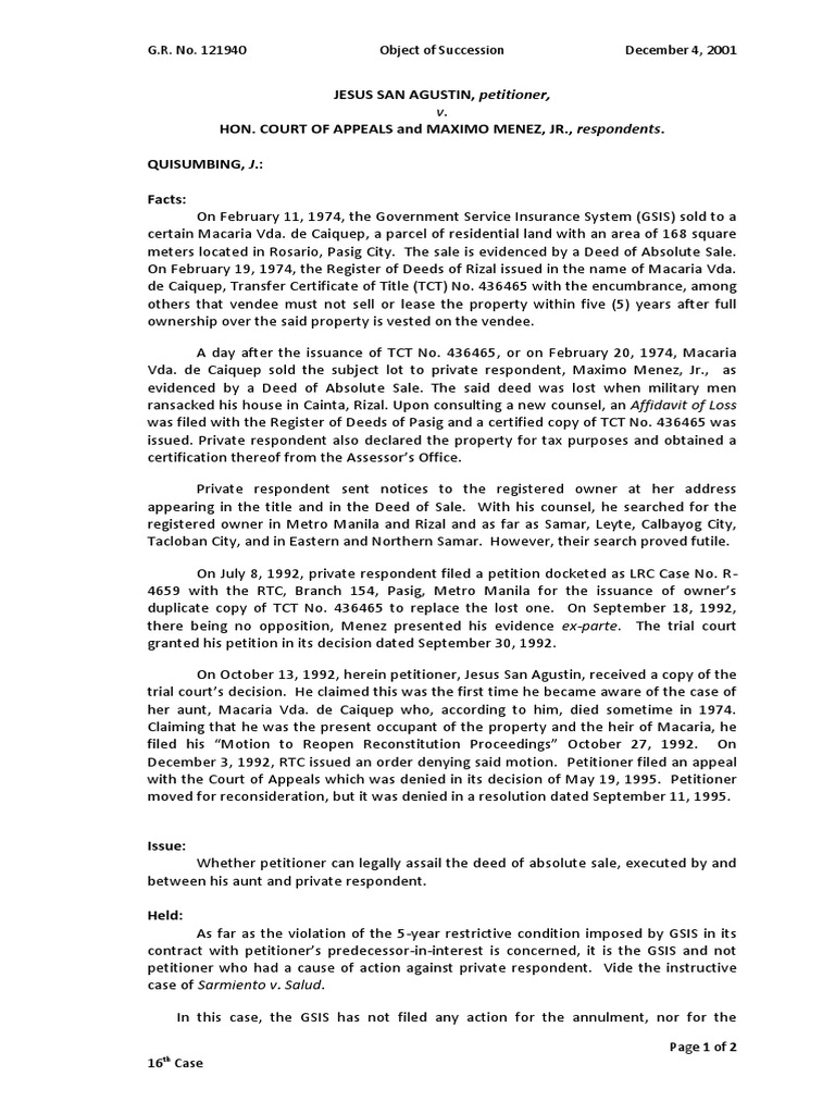 16 Agustin V CA Object of Succession | PDF | Deed | Government