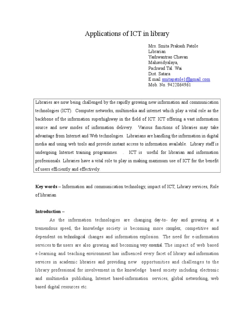 Applications of ICT in Library | PDF | Librarian | Educational Technology
