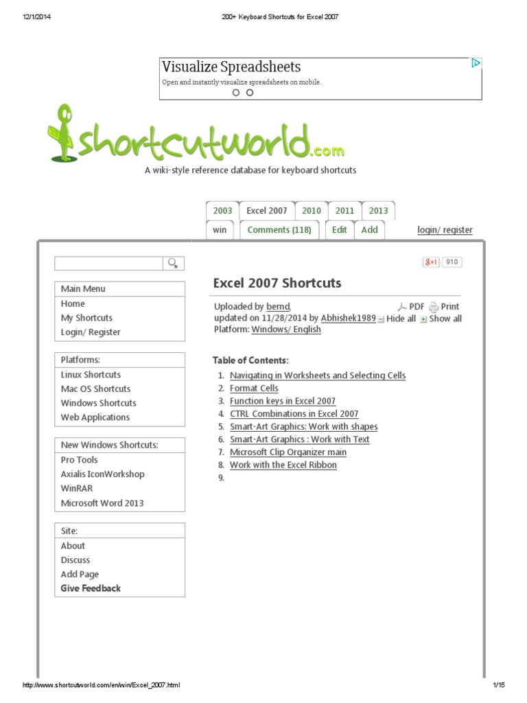 200+ Keyboard Shortcuts For Excel 2007 | PDF | Keyboard Shortcut ...