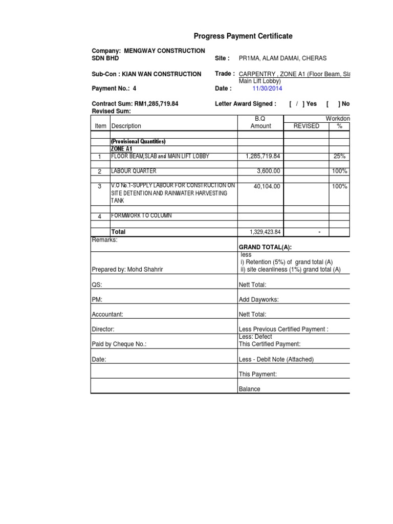 Progress Payment Certificate No. 4: Construction Progress and Payment ...