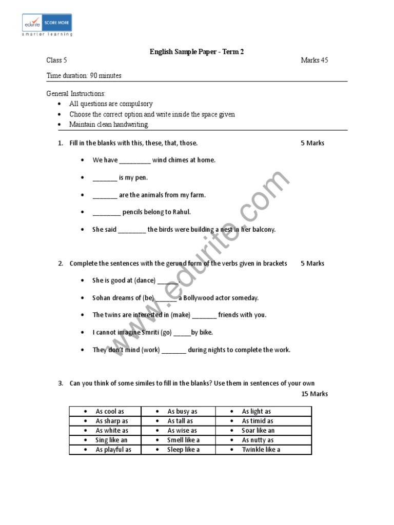 Class 5 English Sample Paper Term 2 | PDF | Language Arts & Discipline