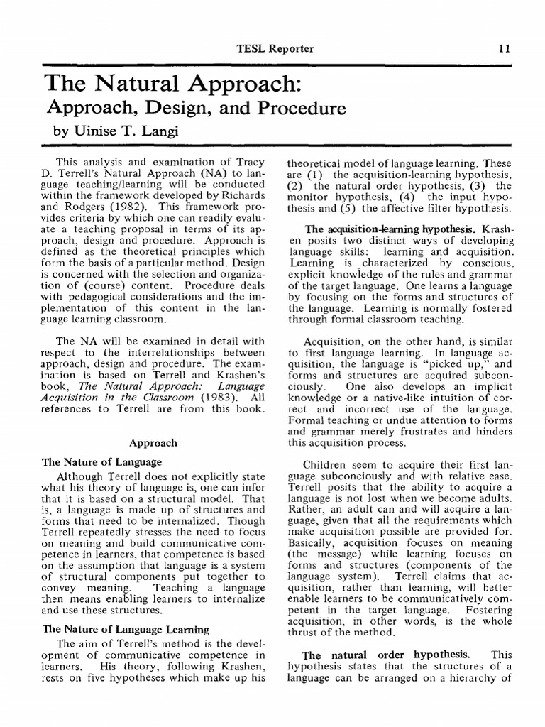 Natural Approach | PDF | Second Language | Language Acquisition