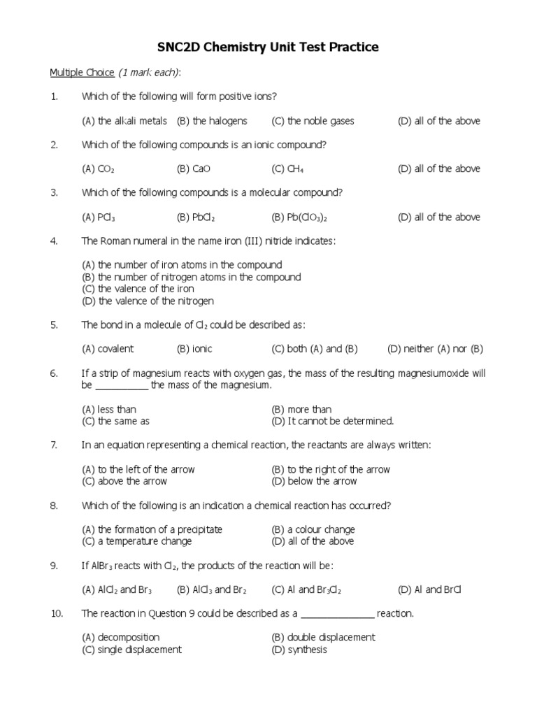 SNC2D Chemistry Unit Test Review | PDF | Chemical Reactions | Chemical ...
