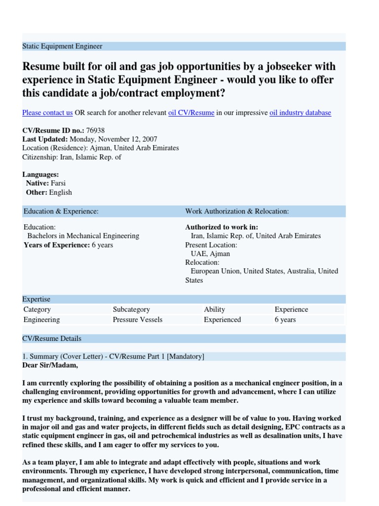 Static Equipment Engineer | PDF | Résumé | Mechanical Engineering