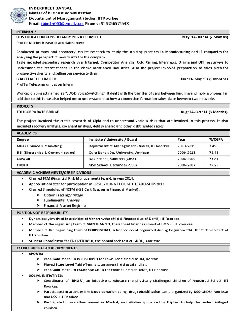Inderpreet Bansal Resume Wipro | PDF | Internship | Job Hunting