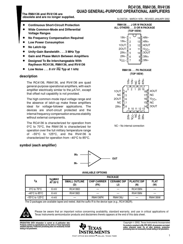 RC 4136 | PDF | Operational Amplifier | Amplifier