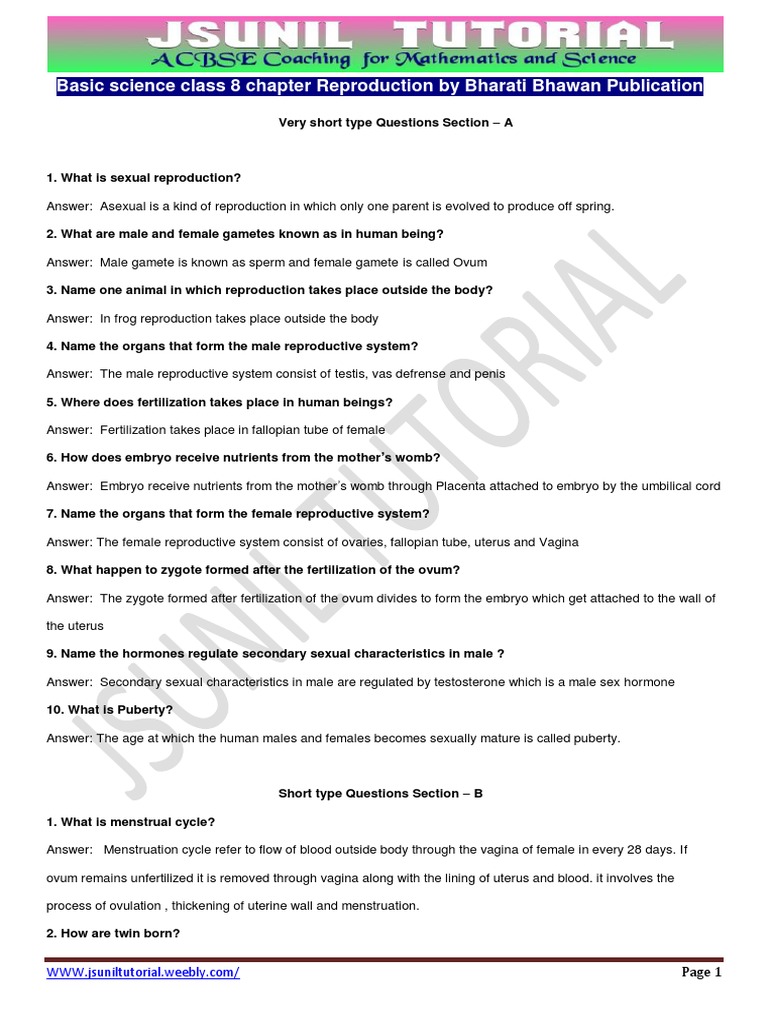 Reproduction Class 8 Basic Science Solved Questions Paper Reproductive System Sex