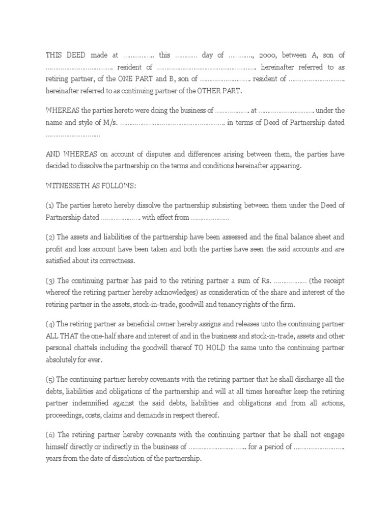 Dissolution Deed. | Partnership | Business Law