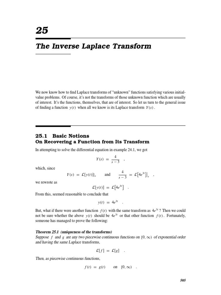 The Inverse Laplace Transform: 25.1 Basic Notions | PDF | Laplace ...