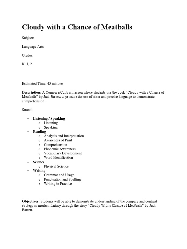 Cloudy With A Chance of Meatballs | PDF | Reading Comprehension ...