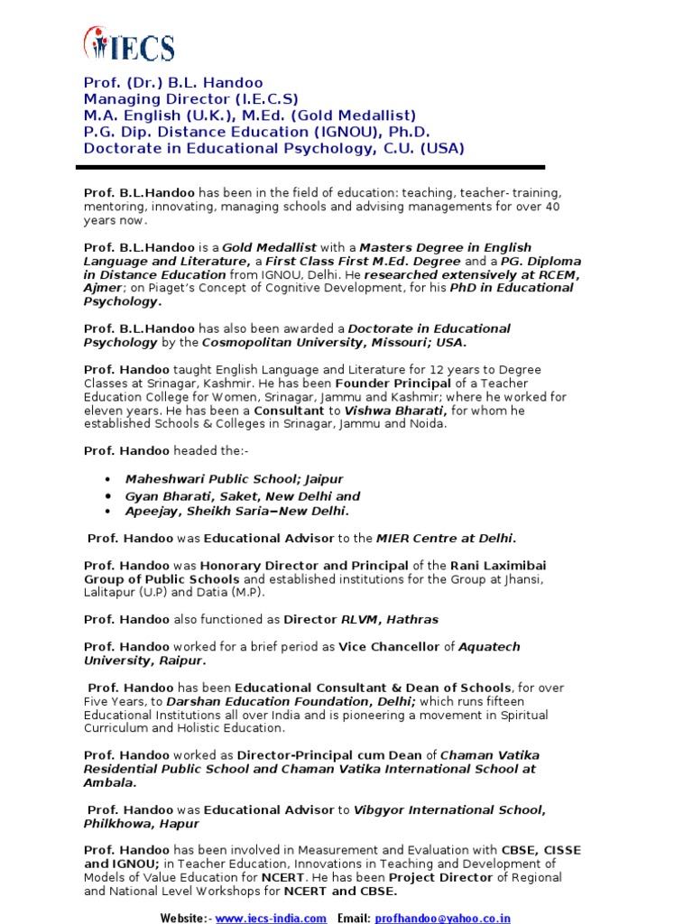 Prof. (DR.) B.L.Handoo | PDF | Doctor Of Philosophy | Teachers