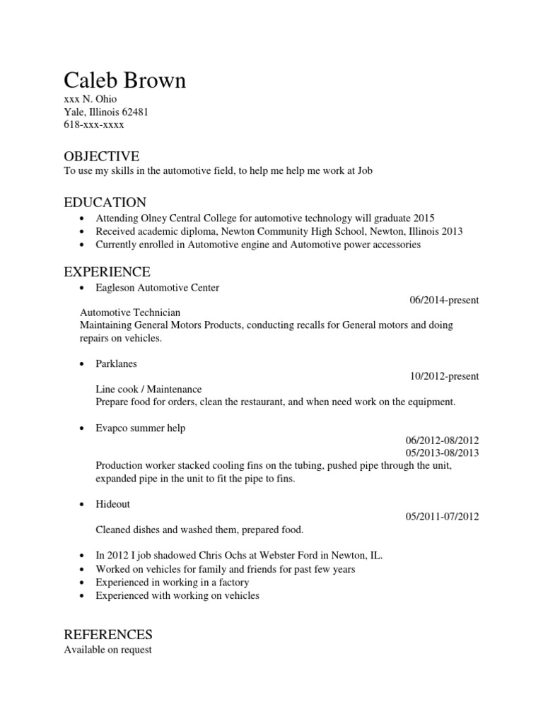 Automotive Technician Resume of Caleb Brown | PDF