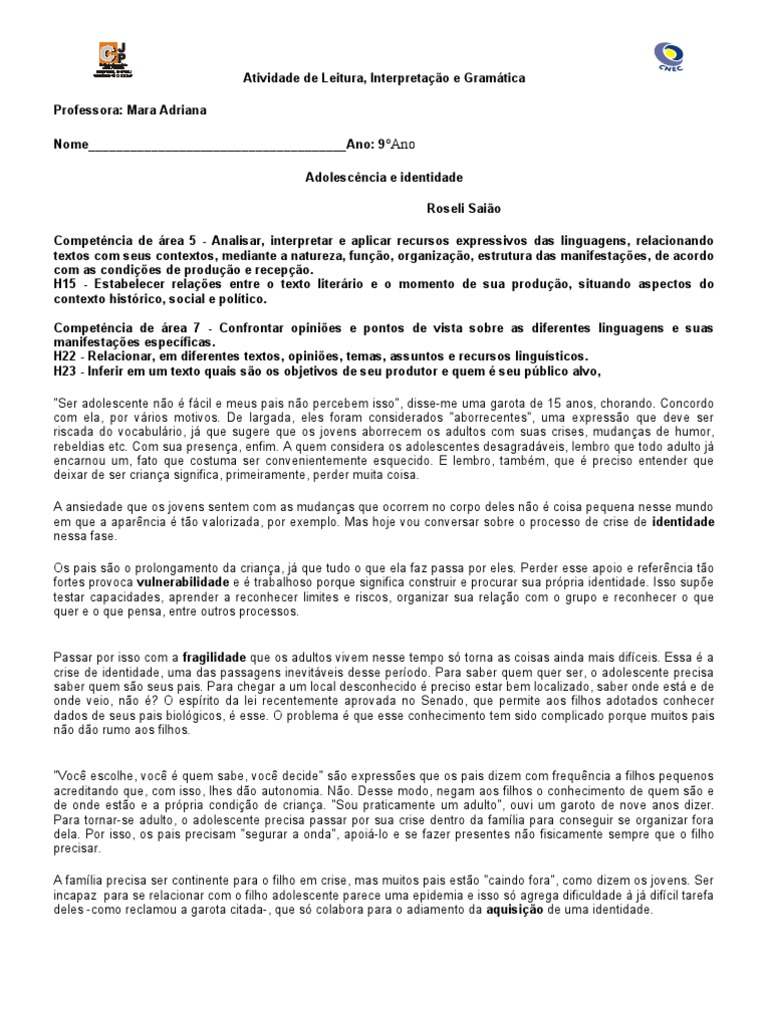 Adolescência e Identidade Texto para 7 e 8 | PDF | Adolescência | Família