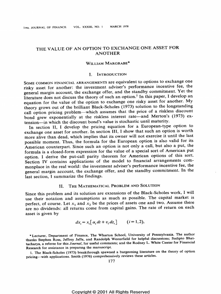 The Value of An Option To Exchange One Asset For Another - Margrabe PDF ...